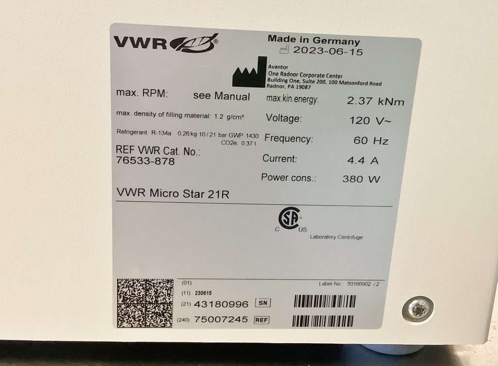 Micro Star 21R Refrigerated Centrifuge - 2023